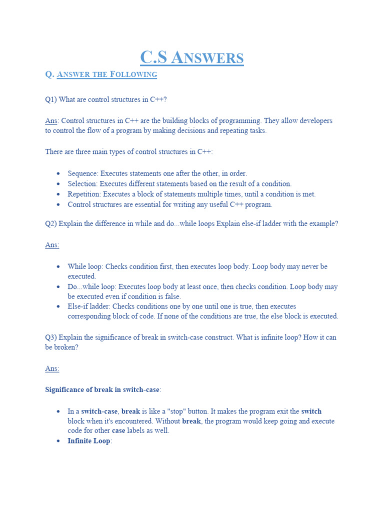 Cs Answers | PDF | Control Flow | Pointer (Computer Programming)