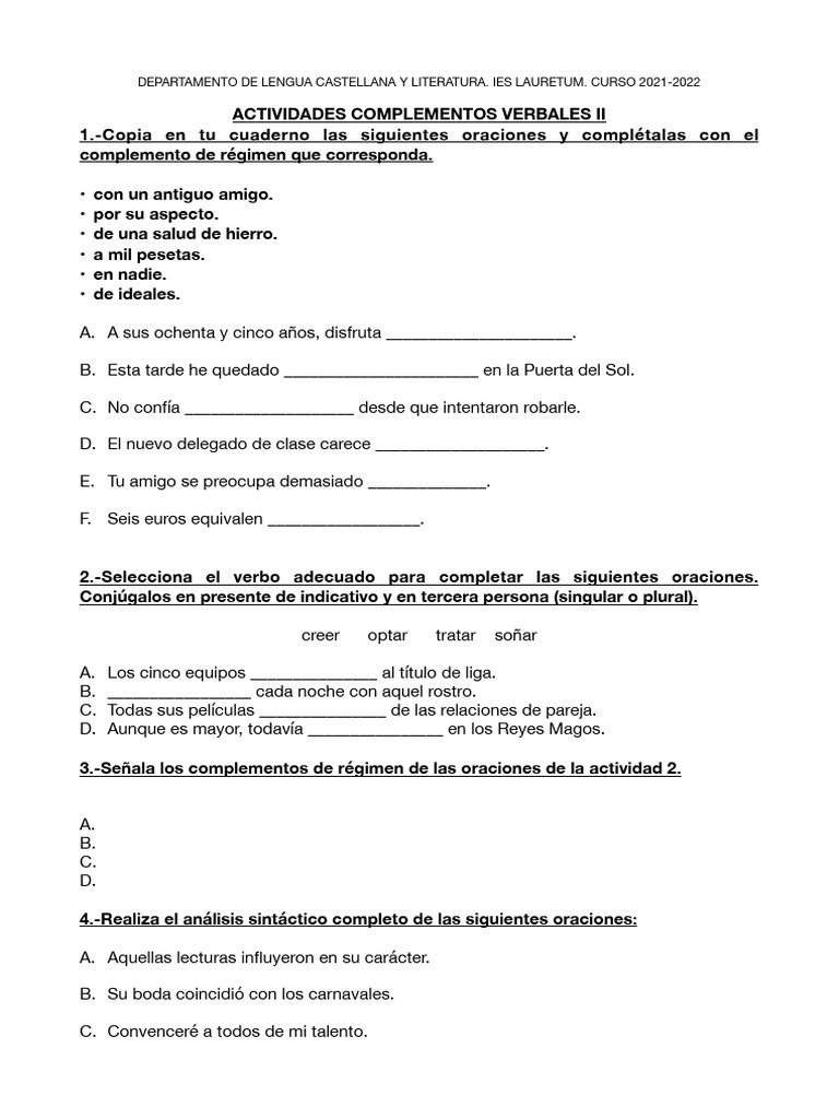 Actividades Complementos Verbales II | PDF | Asunto (gramática) | Verbo