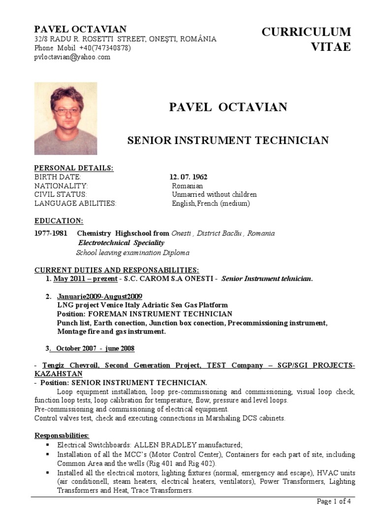 PAVEL OCTAVIAN CV | PDF | Instrumentation | Oil Refinery