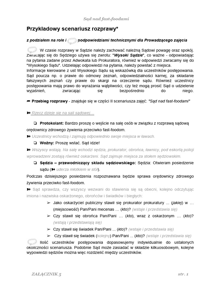 ZALACZNIK 5 Przykladowy Scenariusz Rozprawy | PDF