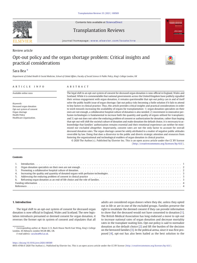 Opt-Out Policy and The Organ Shortage Problem: Critical Insights and ...