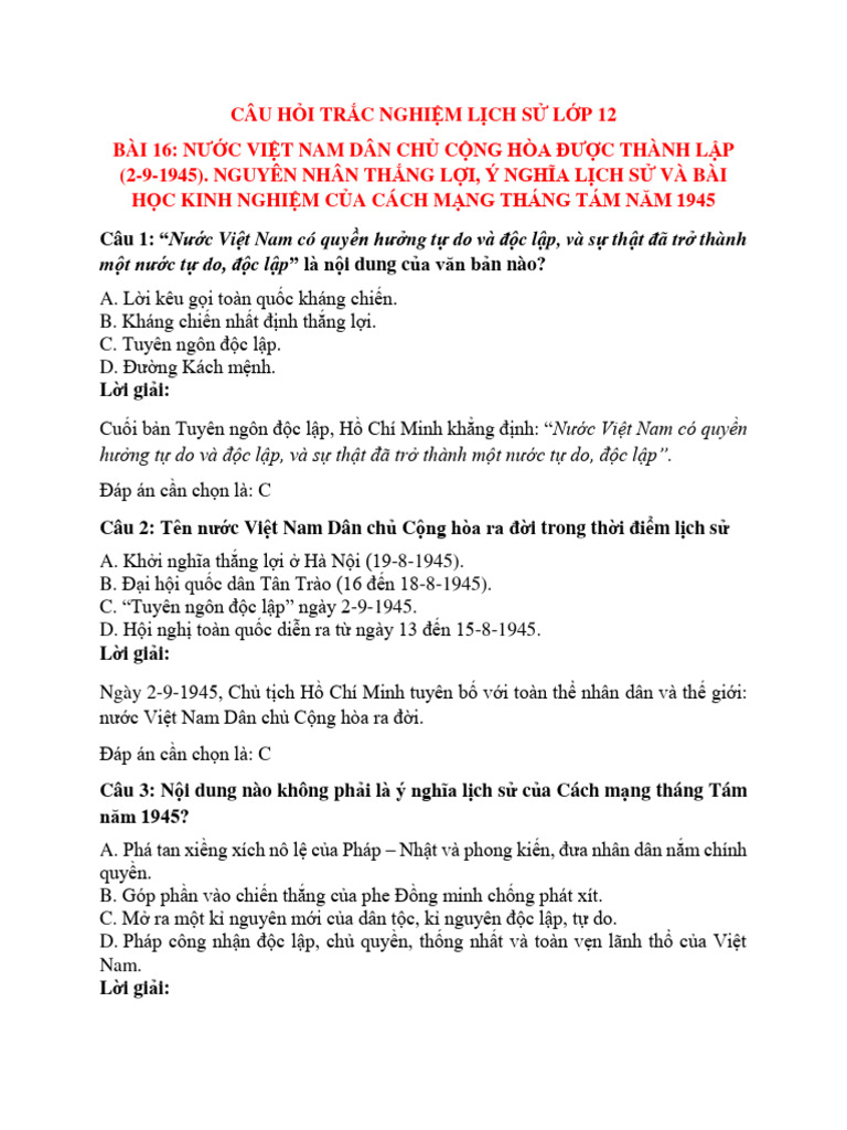 32 Cau Trac Nghiem Lich Su 12 Bai 16 Co Dap an 2023 Phong Trao Giai Phong Dan Toc Va Tong Khoi ...