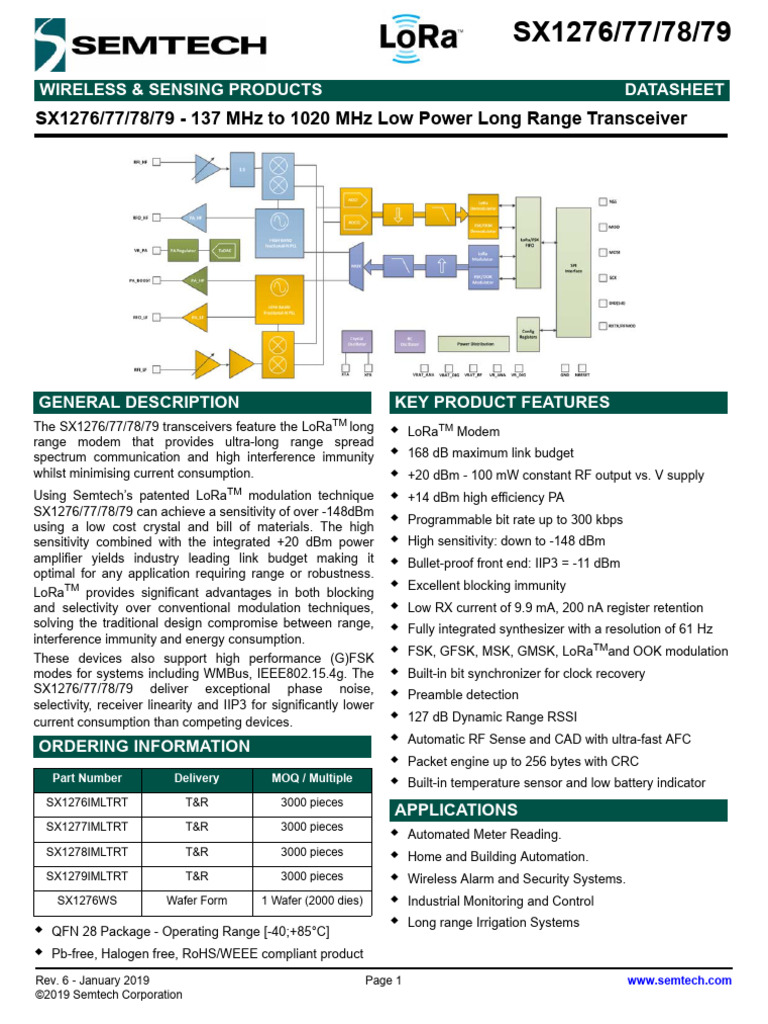 Sx1276/77/78/79 - 137 MHZ To 1020 MHZ Low Power Long Range Transceiver ...