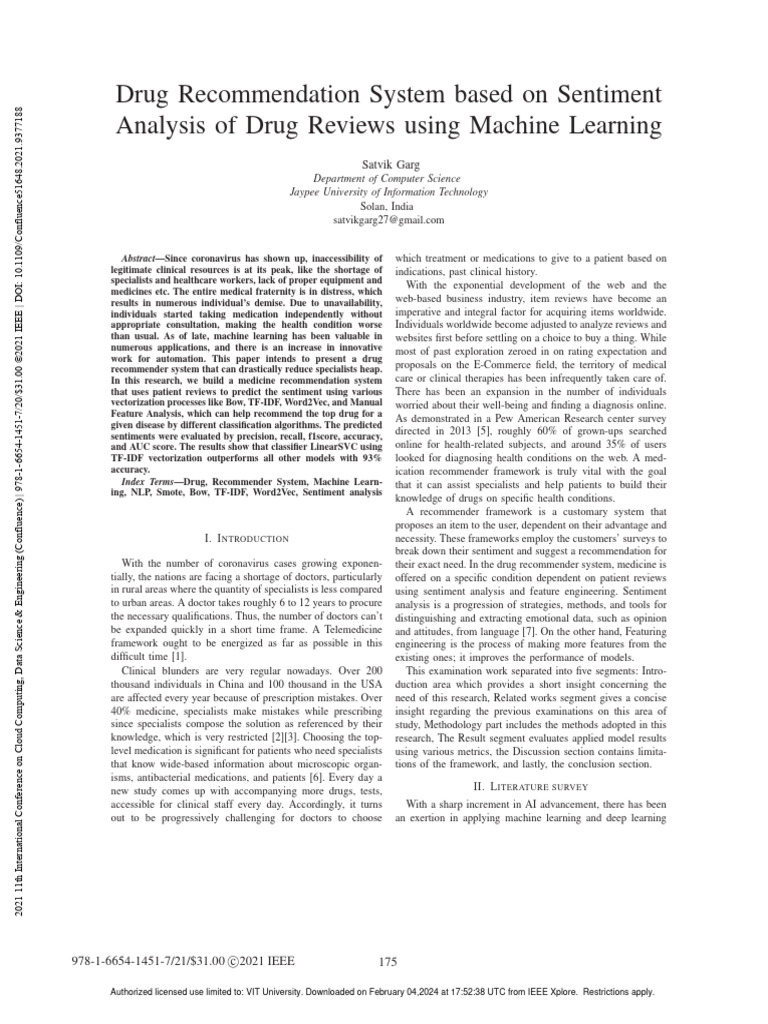 Drug Recommendation System Based On Sentiment Analysis of Drug Reviews Using Machine Learning ...