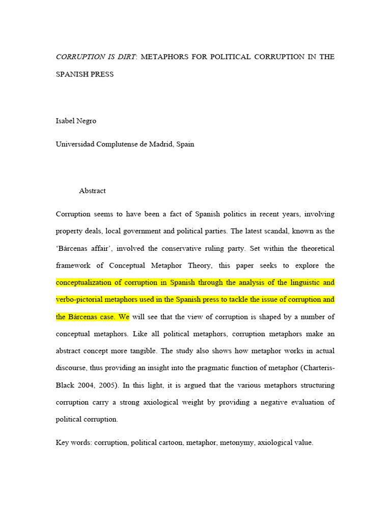 Metaphors of Corruption in Spanish Media | PDF | Metaphor | Experience
