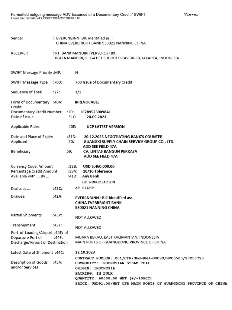 SWT MT700 Lc7895230098aj 01 | PDF | Cargo | Bill Of Lading