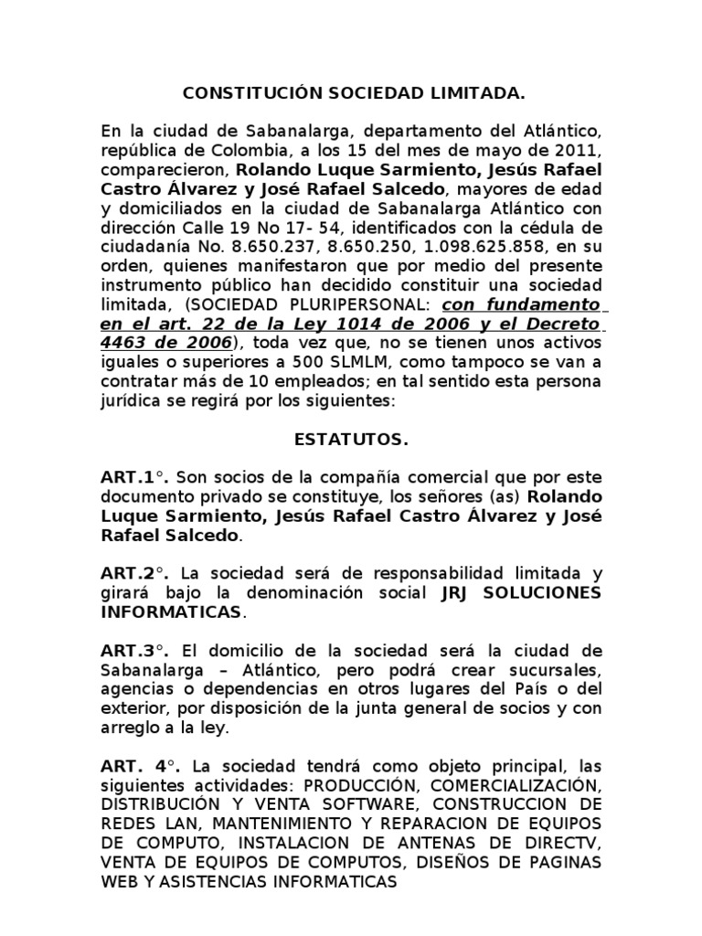 Constitucion Sociedad Limitada | PDF | Sociedad de responsabilidad limitada | Conceptos legales