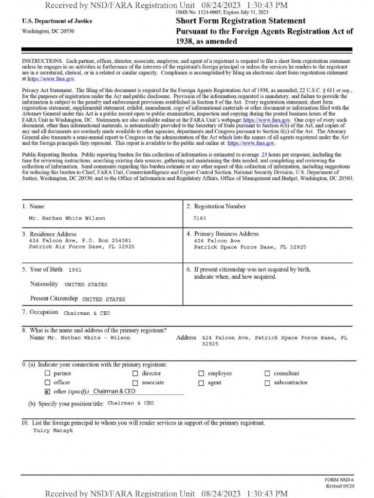 FARA Short Form Registration for Nathan Wilson | PDF | Federal ...