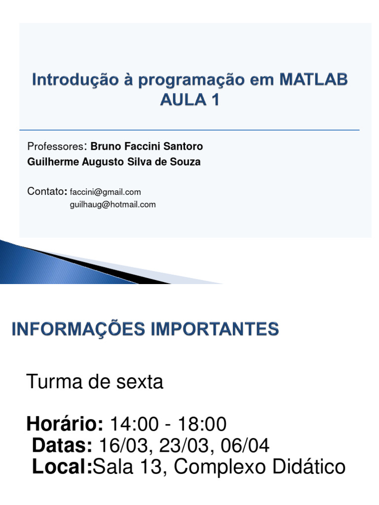 2018 - Curso de MATLAB - Aula 1 | PDF | Matlab | Matriz (Matemática)
