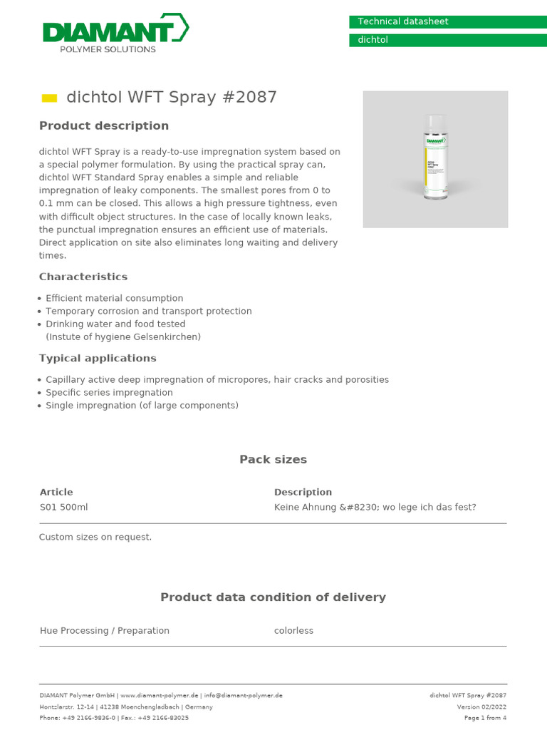 diamant-technical-data-sheet-dichtol-wft-spray | Download Free PDF | Waste | Secondary Sector Of ...