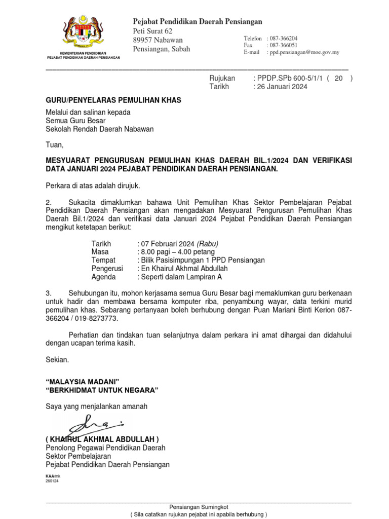 Surat Jemputan Mesyuarat PML Bil 1 Dan Verifikasi Data Januari 2024 | PDF