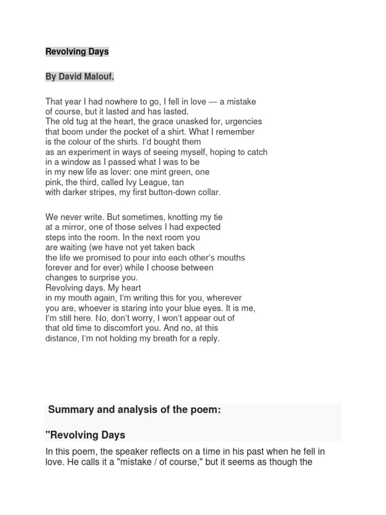 David Malouf's "Revolving Days" Poem | PDF