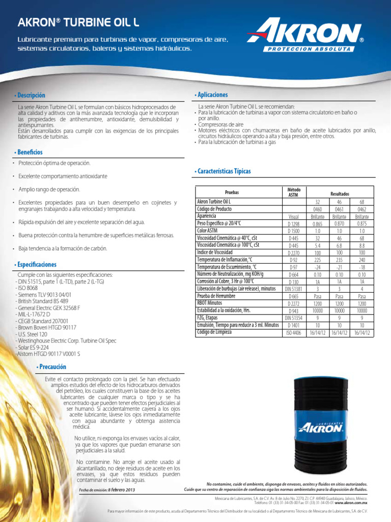Akron Turbine Oil L | Descargar gratis PDF | Lubricante | Sustancias ...