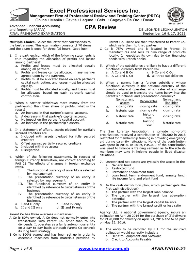Team PRTC FPB Oct 2023 - AFAR (Q) | PDF | Goodwill (Accounting ...