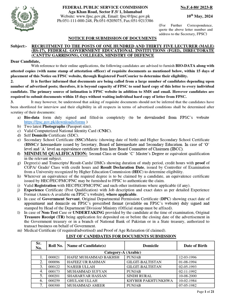 FPSC Notice: Document Submission for Lecturers | PDF | Khyber Pakhtunkhwa