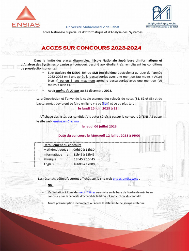 Concours ENSIAS 2023-2024 : Infos clés | PDF