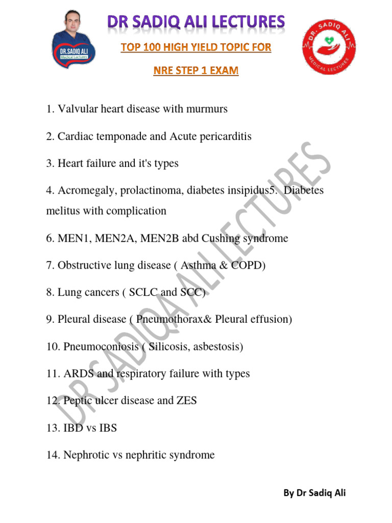 Top 100 High Yield Topic For Nre Step 1 Exam | PDF | Medicine | Human Diseases And Disorders