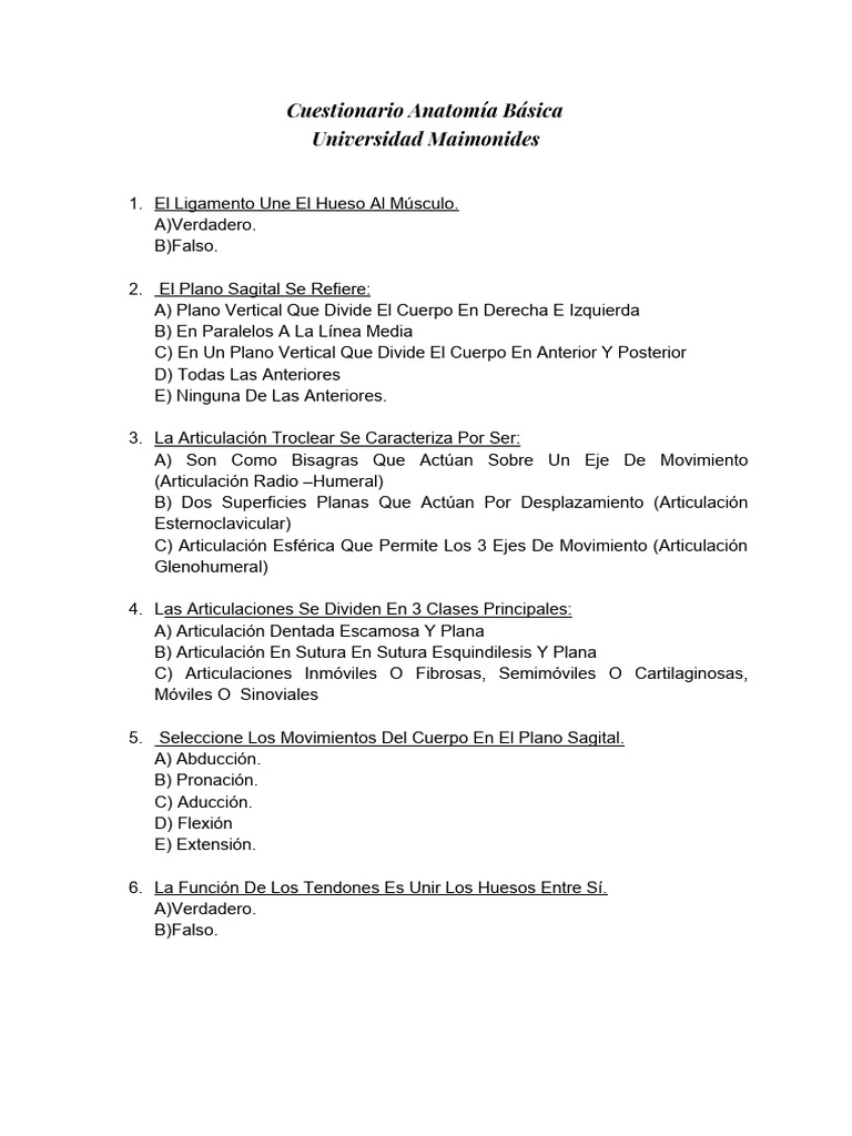 Cuestionario Anatomía Básica | PDF | Articulación | Tejido conectivo