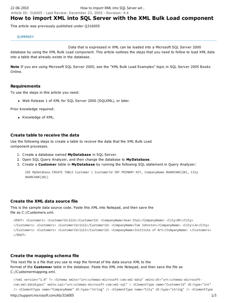 How To Import XML Into SQL Server With The XML Bulk Load Component | PDF | Microsoft Sql Server ...
