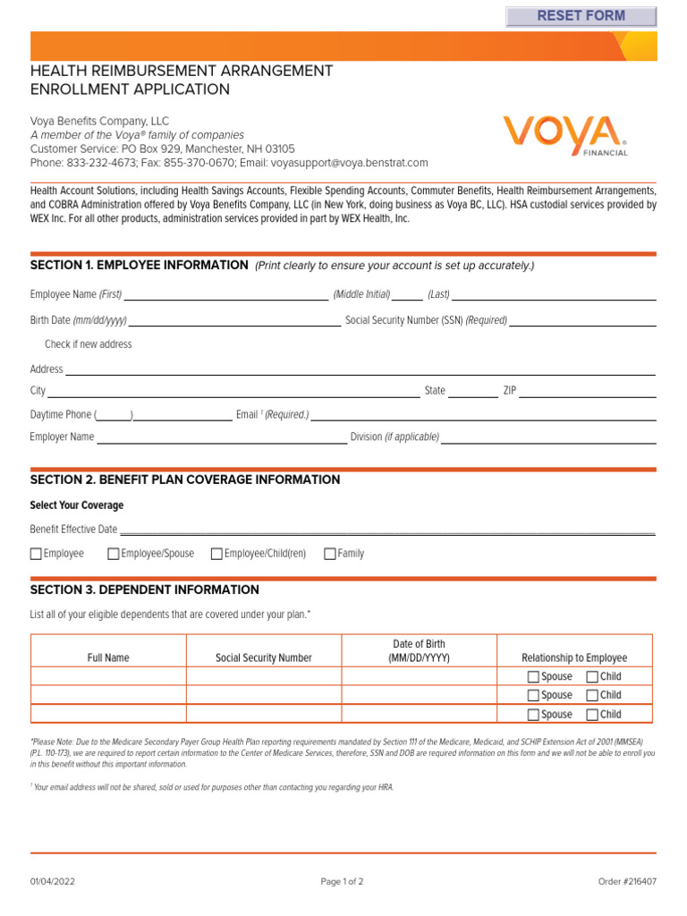 Voya Health Reimbursement Account - Enrollment Application | Download ...