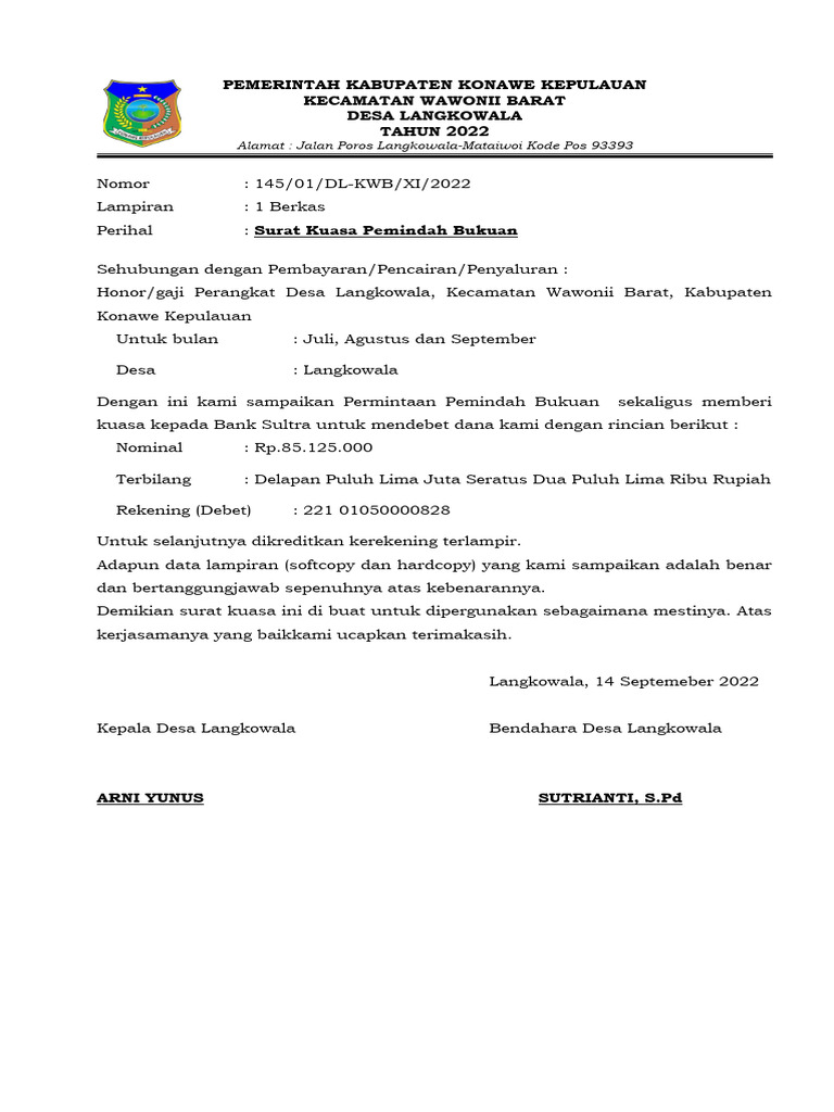 Surat Kuasa Pemindah Bukuan Rek Gaji Bulan 7,8,9 | PDF