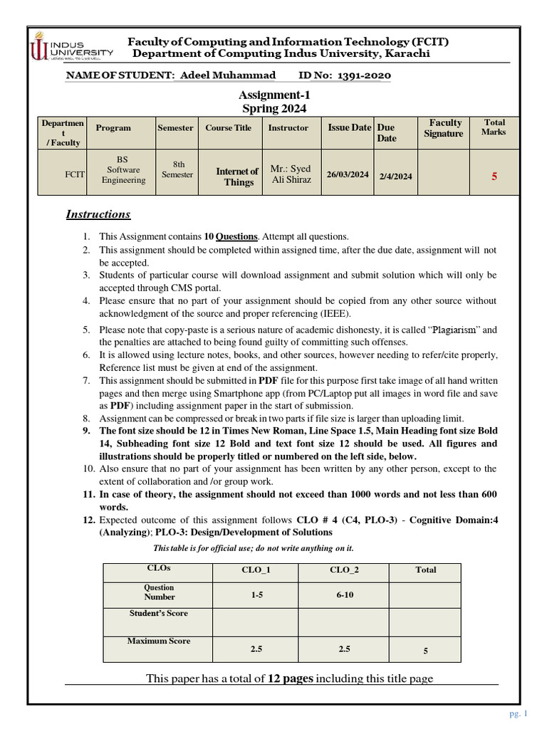 IOT Assignment 01 Adeel Muhammad 1391-2020 | PDF | Internet Of Things ...