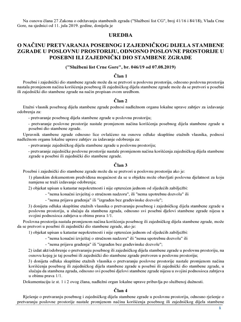 Uredba o Nacinu Pretvaranja Posebnog I Zajednickog Dijela Stambene Zgrade U Poslovnu Prostoriju ...