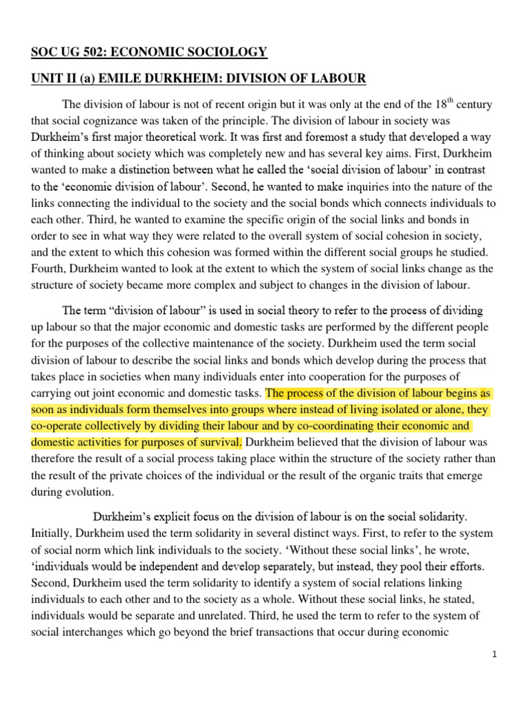 EMILE DURKHEIM - Division of Labour | PDF | Division Of Labour | Émile ...