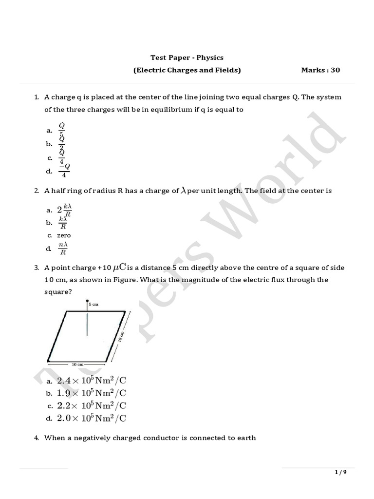 Electric Charges Test-1-3 | PDF | Flux | Dipole