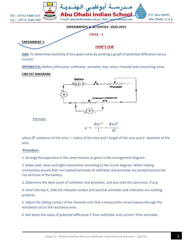 Physics Practical - Cycle - 1 - Grade 12-24-25 | PDF | Voltage | Electrical Resistance And ...