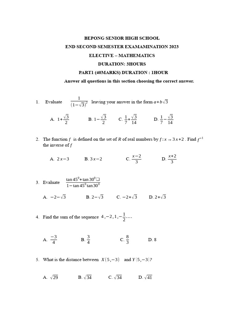 Elective - Maths - Shs 2 | PDF | Circle | Equations