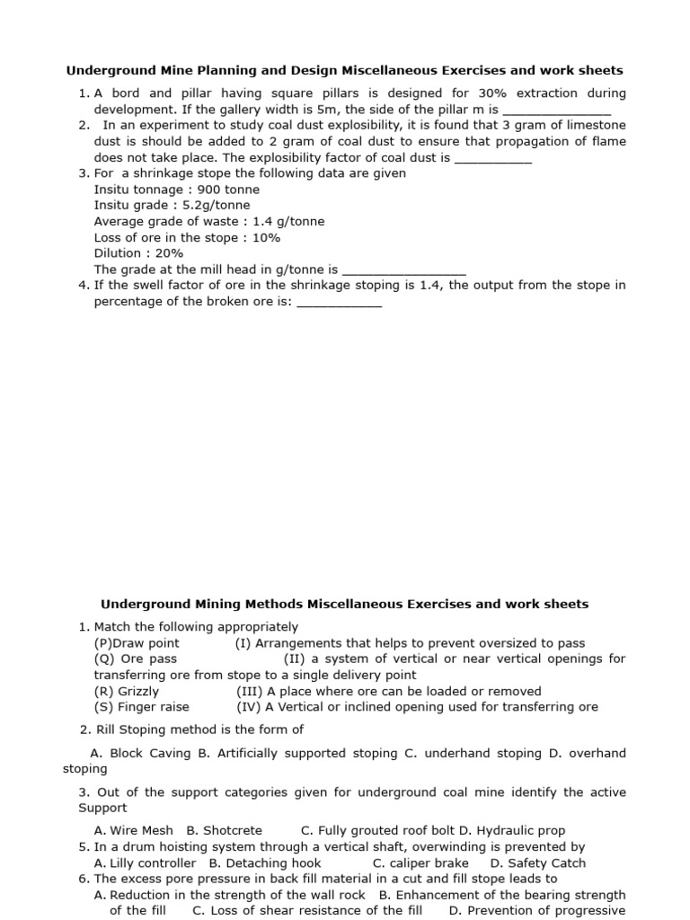 Miscellaneous Exercises and work sheets (4) | PDF | Mining