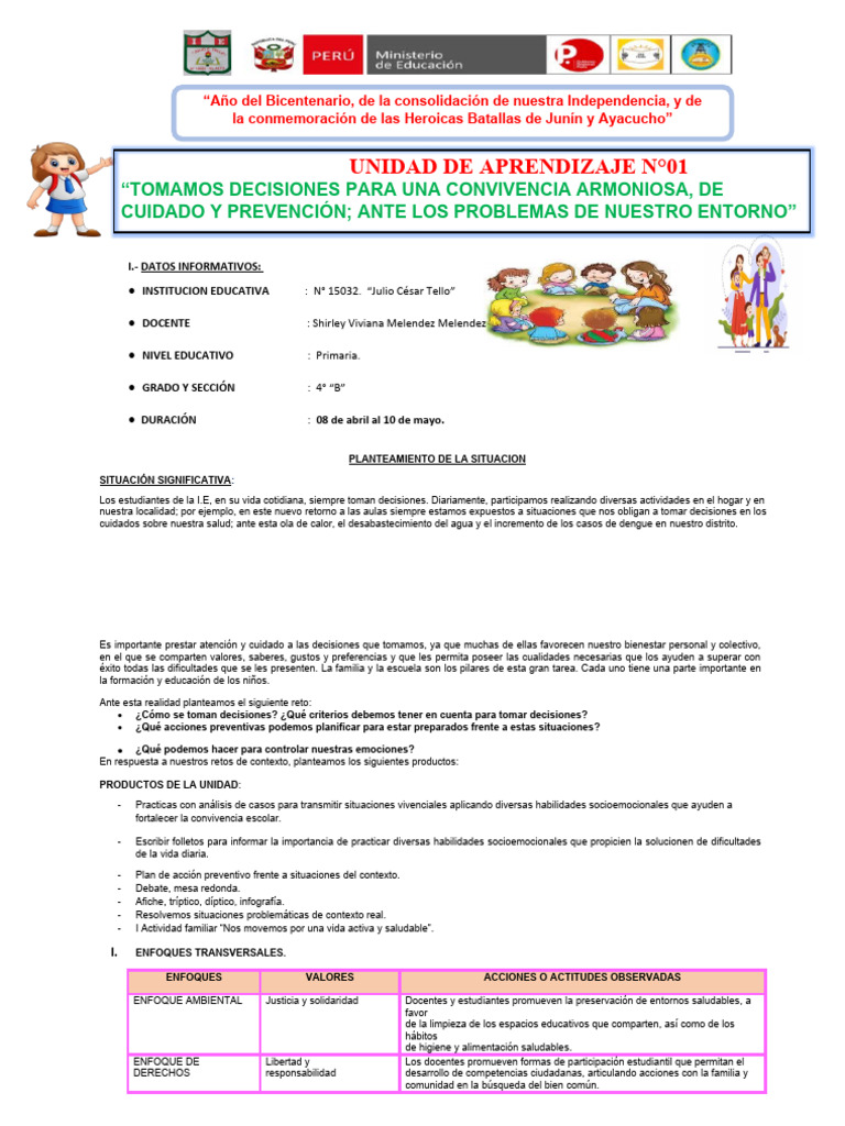 UNIDAD DE APRENDIZAJE - IV CICLO | Descargar gratis PDF | Aprendizaje | Evaluación