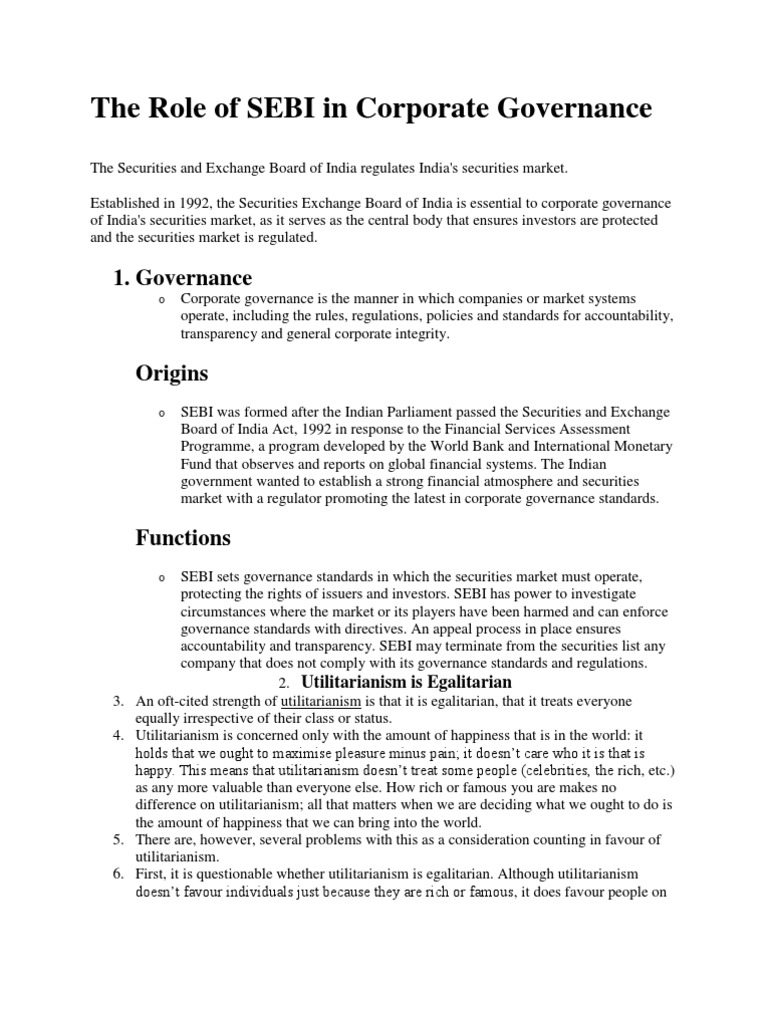 The Role of SEBI in Corporate Governance | PDF | Utilitarianism ...