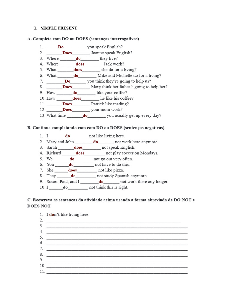 Atividade Respondida: DO e DOES | PDF | Language Arts & Discipline
