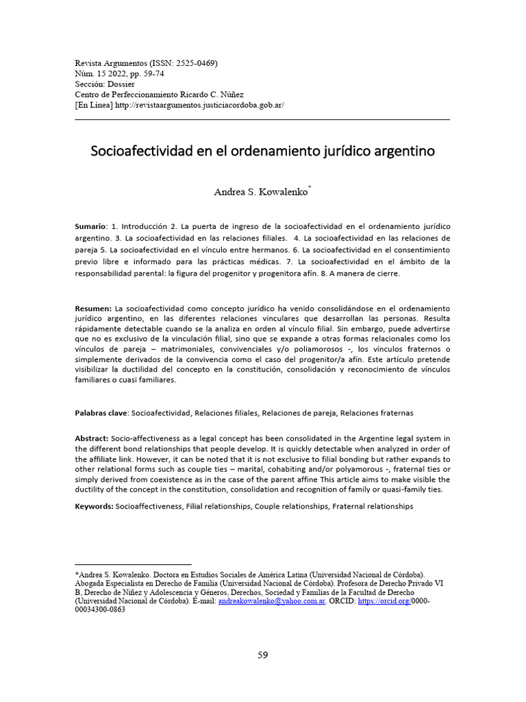 Socioafectividad en El Ordenamiento Jurídico Argentino: Andrea S. Kowalenko | PDF | Adopción ...