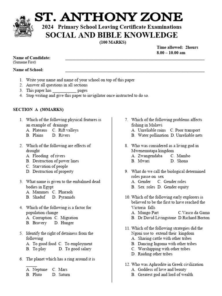 2024 PSLCE Social and Bible Knowledge Exam | PDF | Jesus | Malawi