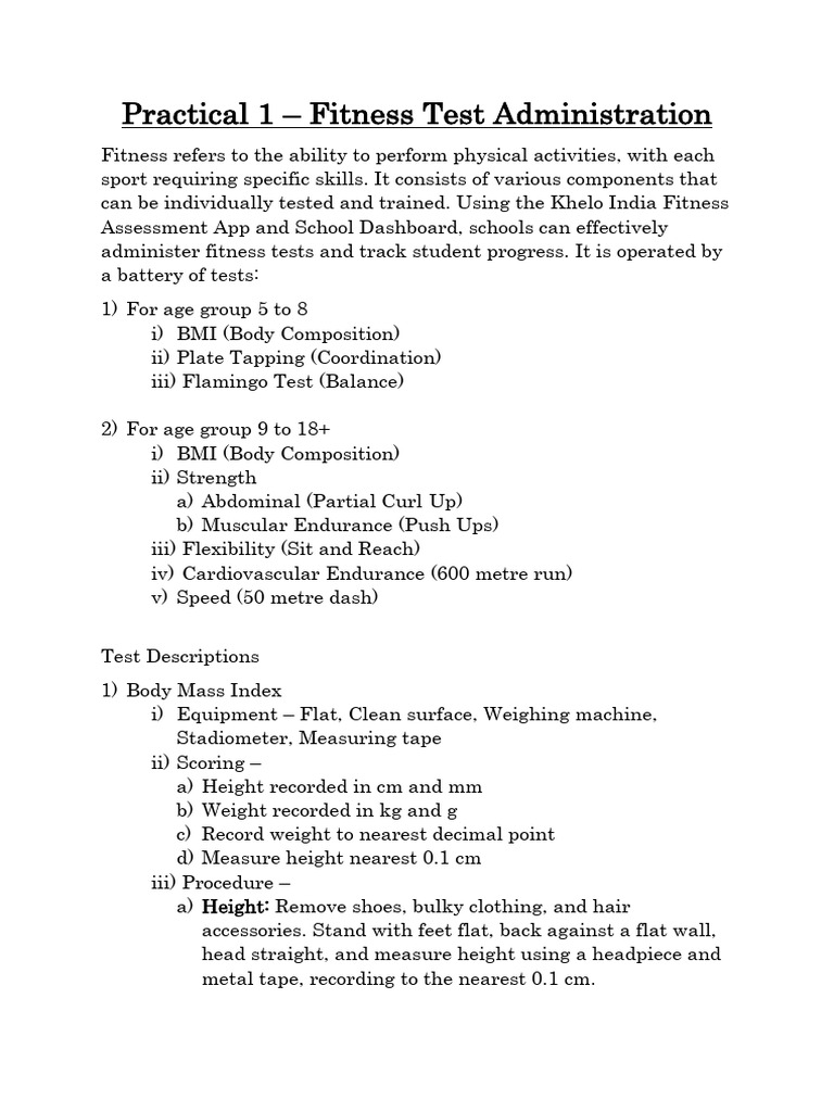 PE Practical: TESTS IN KHELO INDIA | PDF | Weight | Body Mass Index