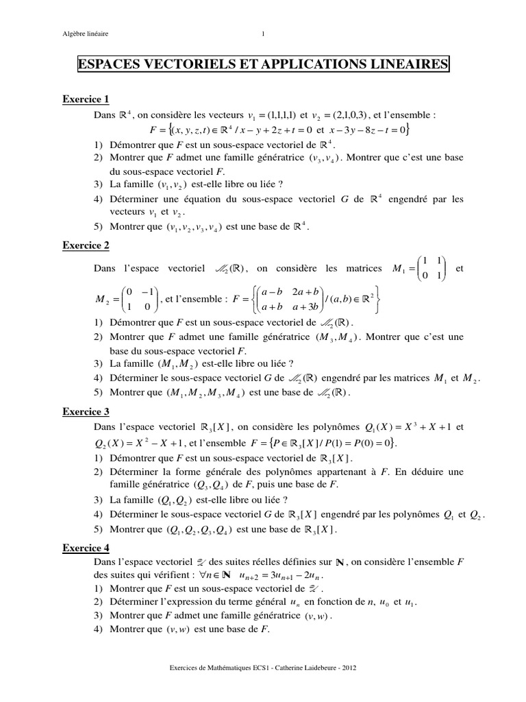 Exercices d'Algèbre Linéaire ECS1 | PDF | Base (algèbre linéaire ...
