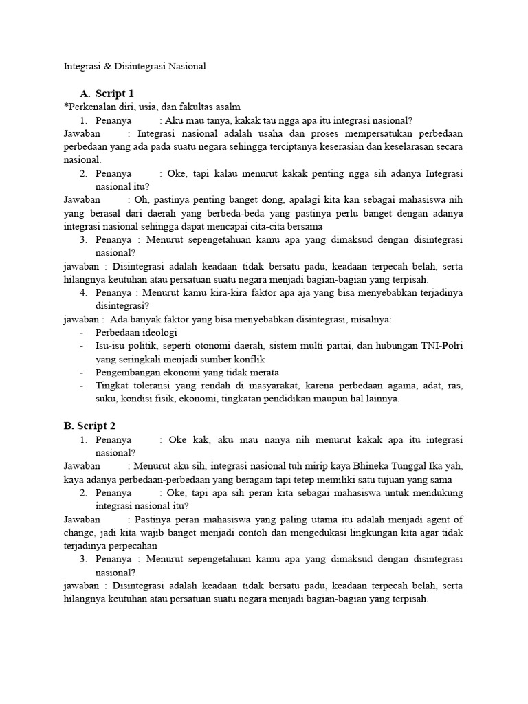 Script Integrasi Dan Disintegrasi Nasional | PDF