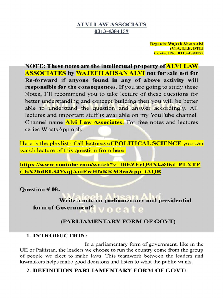 Political Science Question No 8 Write A Note On Parliamentary and ...