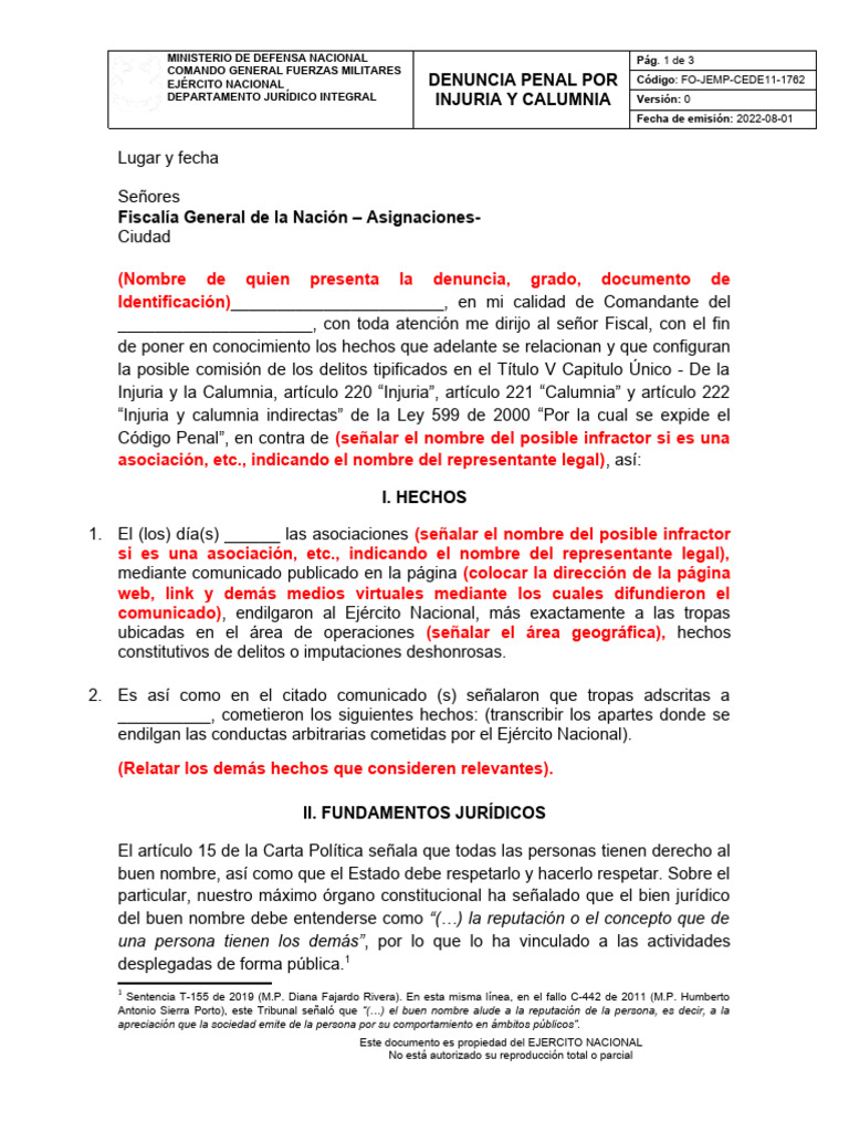 Creacion Formato Denuncia Penal Injuria y Calumnia 29 Abr 2022 | PDF | Difamación | Justicia