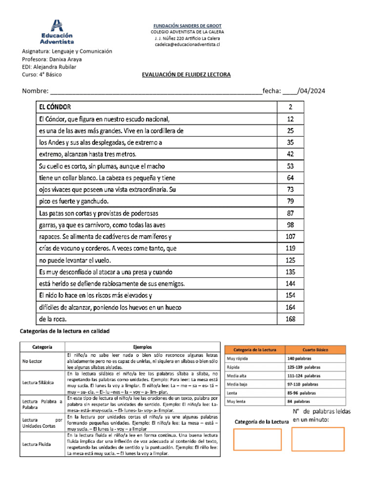 Evaluación de Fluidez Lectora 4° Básico | PDF