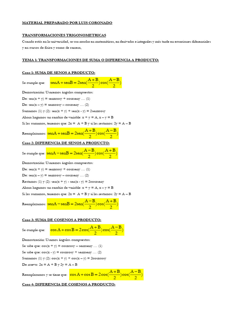 TRANSFORMACIONES TRIGONOMETRICAS | Descargar gratis PDF | Funciones ...