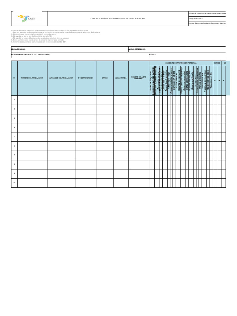 Formato de Inspeccion Epp 2023 Easy | PDF