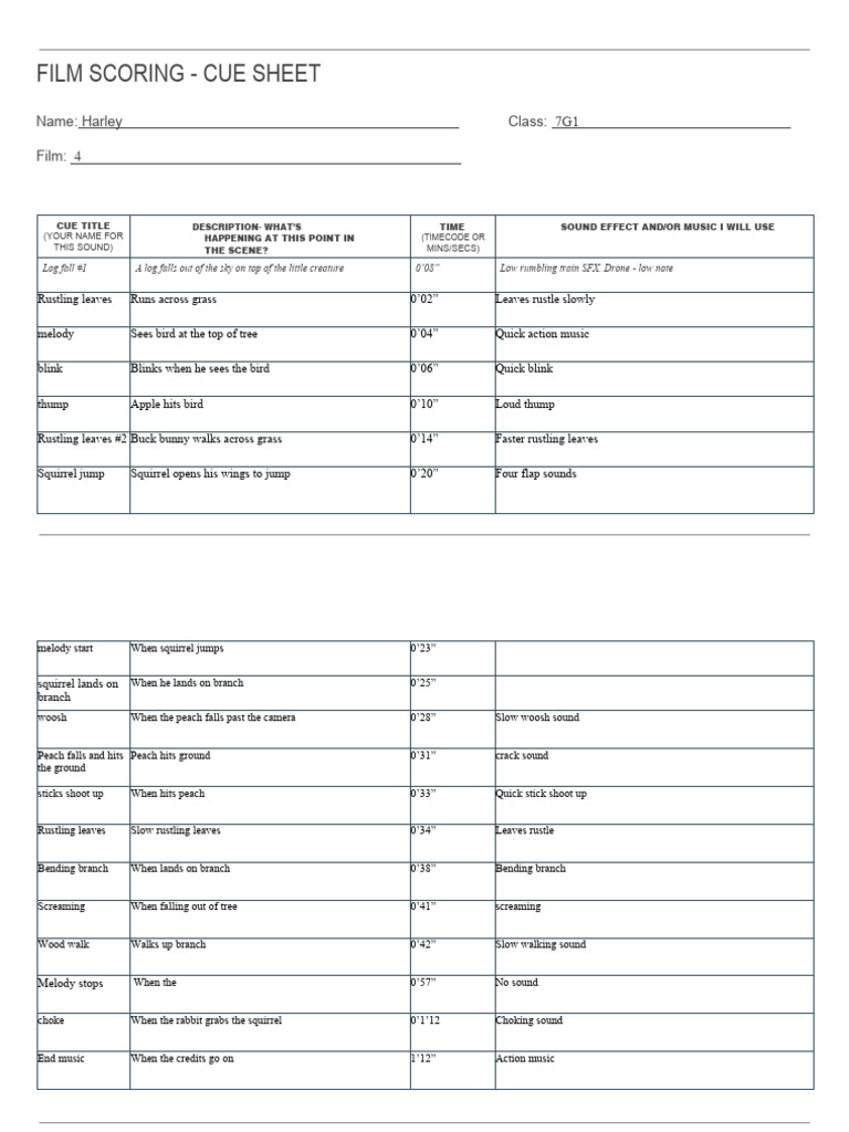 Film Scoring Cue Sheet Example | PDF