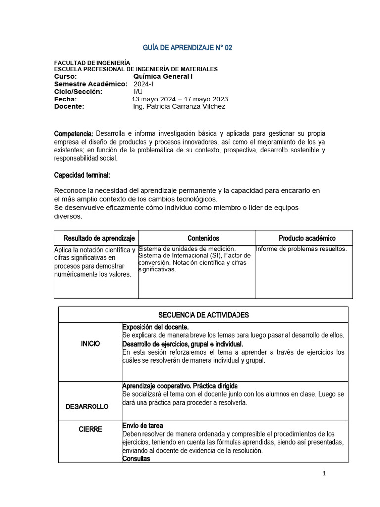 Guía de Aprendizaje 02 - Ing - Materiales 2024 Quimica | PDF | Maestros | Aprendizaje