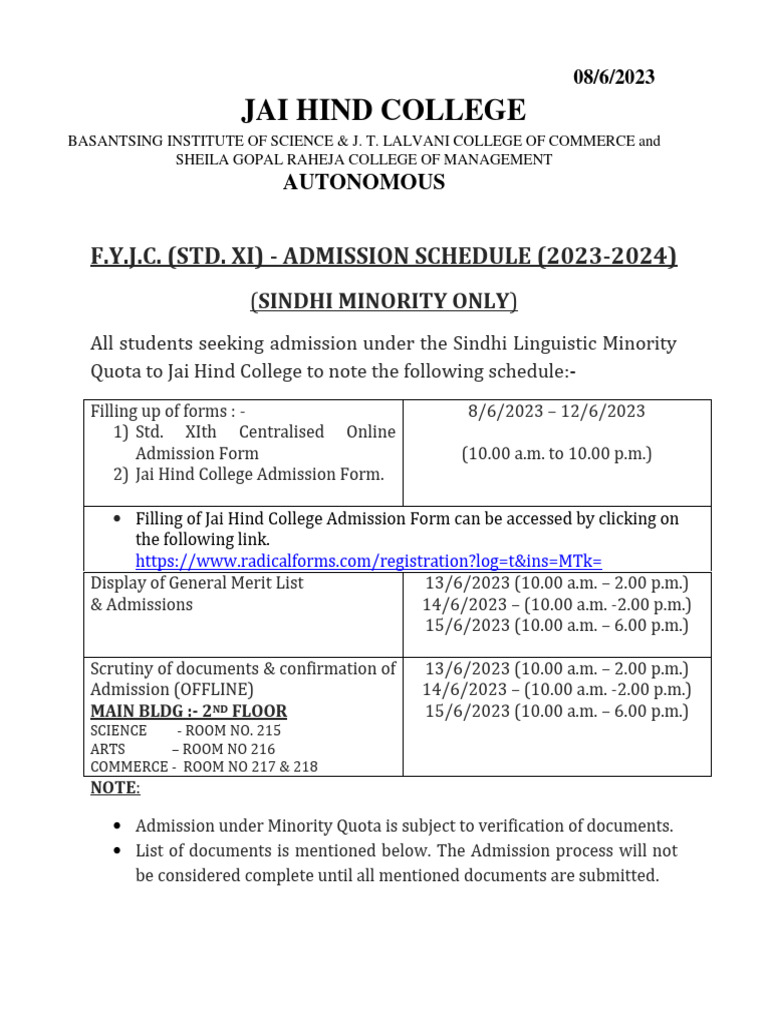 fyjc-admission-schedule-for-minority-2023-24 | PDF
