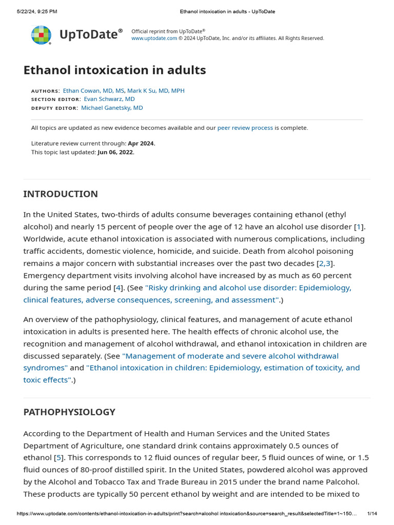 Ethanol Intoxication in Adults - UpToDate | PDF | Alcohol Intoxication ...