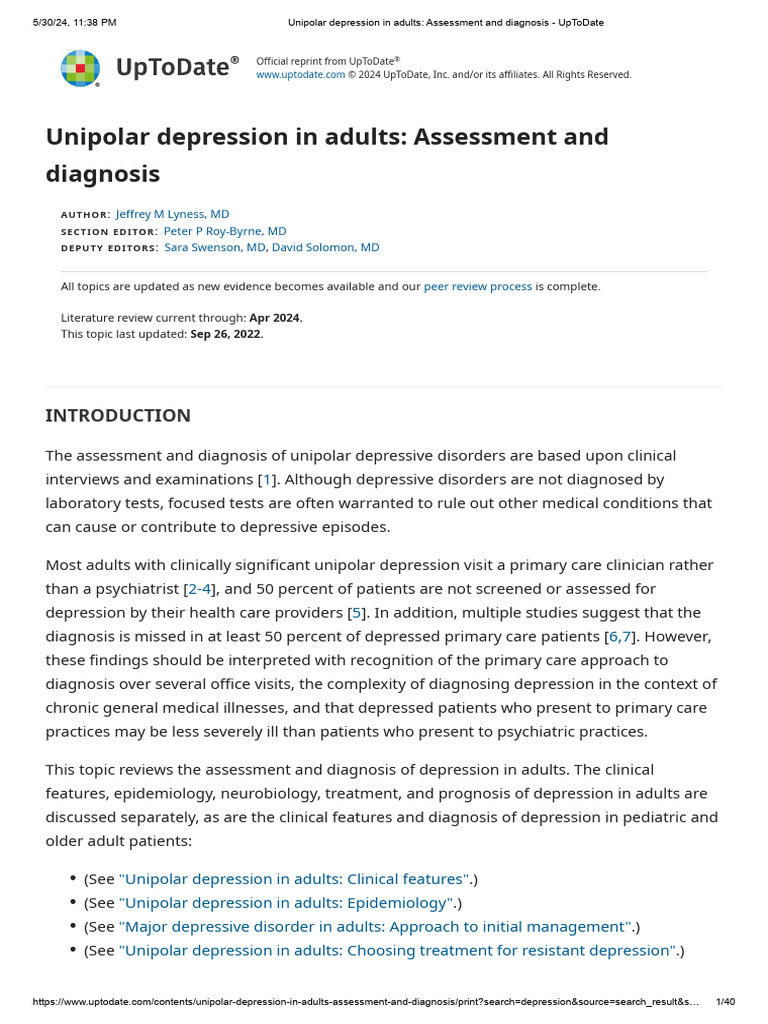 Unipolar depression in adults_ Assessment and diagnosis - UpToDate ...